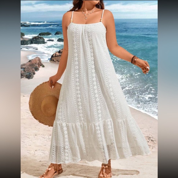 Dresses | Boho Sheer Mesh Floral Lace Cami Tank Top Maxi Dress White ...